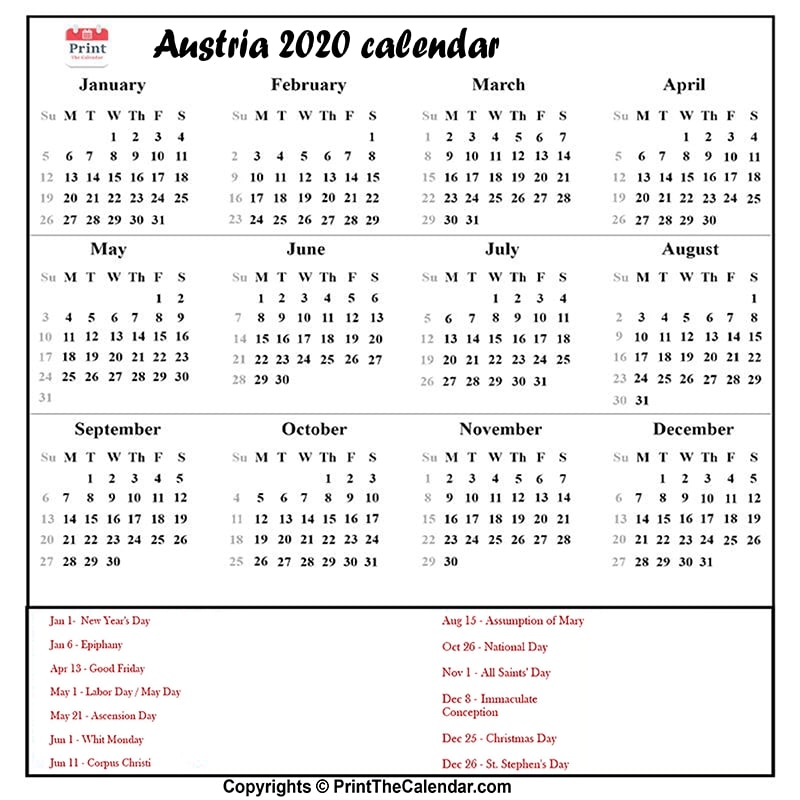 Austria Calendar 2020 with Austria Public Holidays