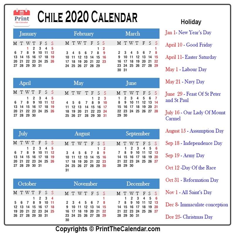 Chile Calendar 2020 with Chile Public Holidays