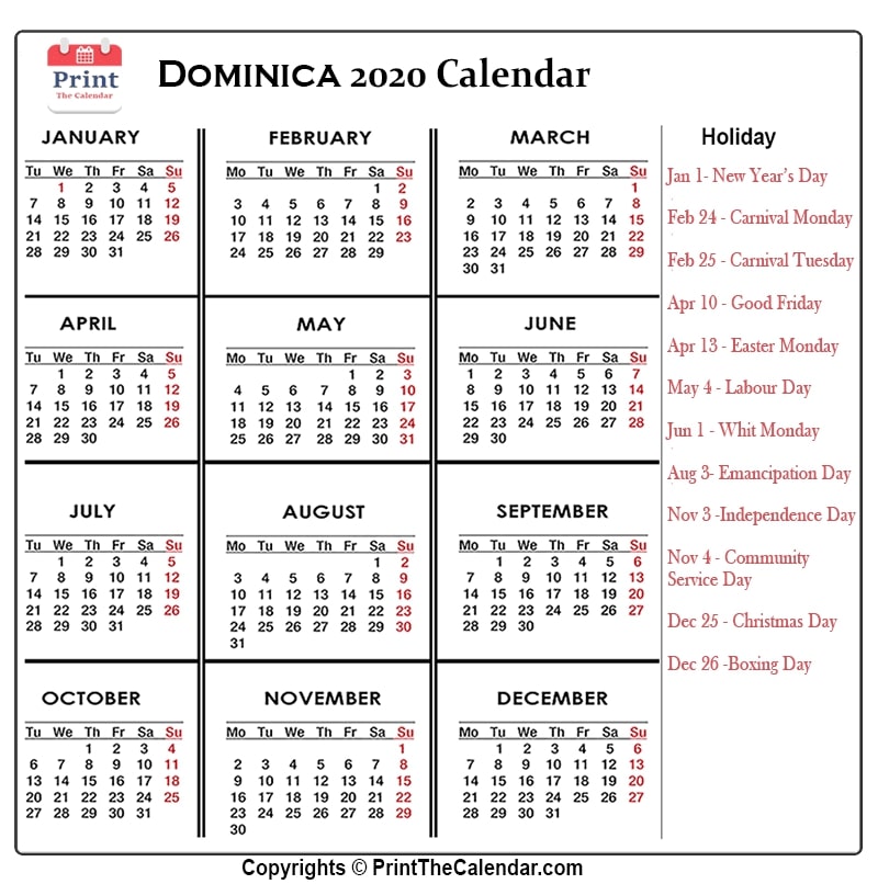 2020 Holiday Calendar Dominica | Dominica 2020 Holidays