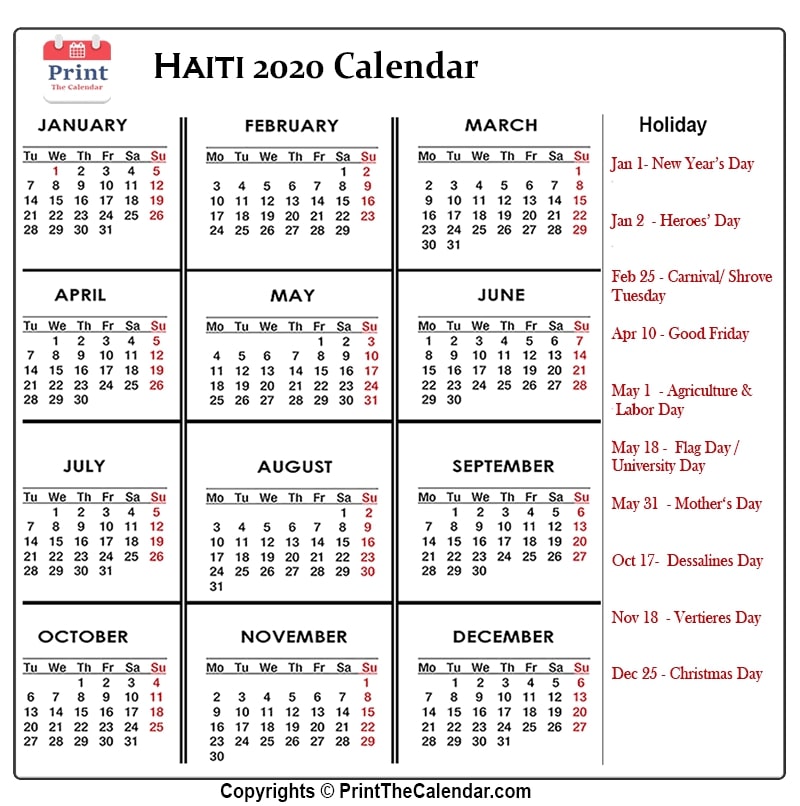 Haiti Calendar 2020 with Haiti Public Holidays