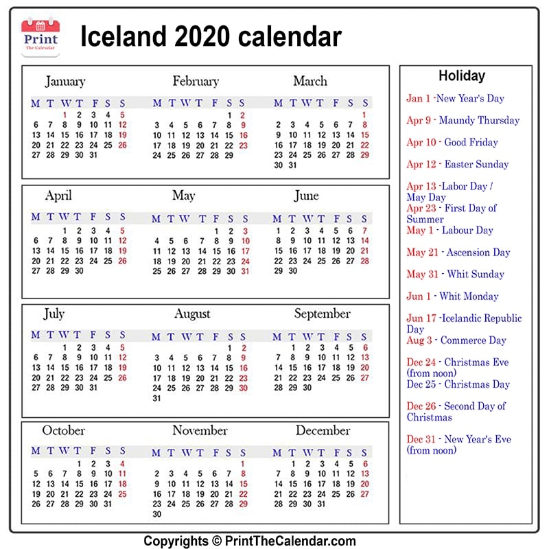 Iceland Calendar 2020 with Iceland Public Holidays
