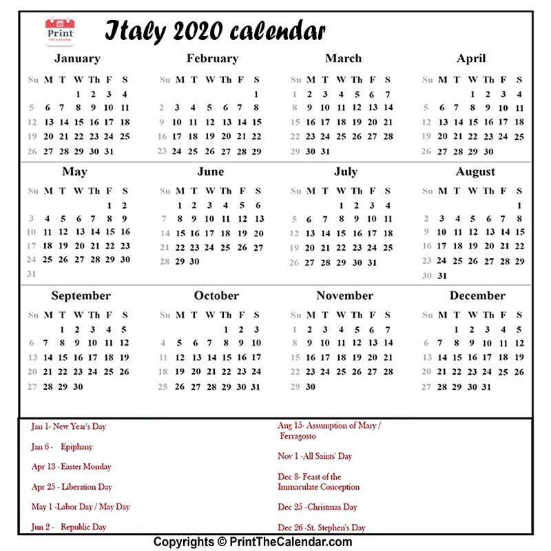 Italy Calendar 2020 with Italy Public Holidays