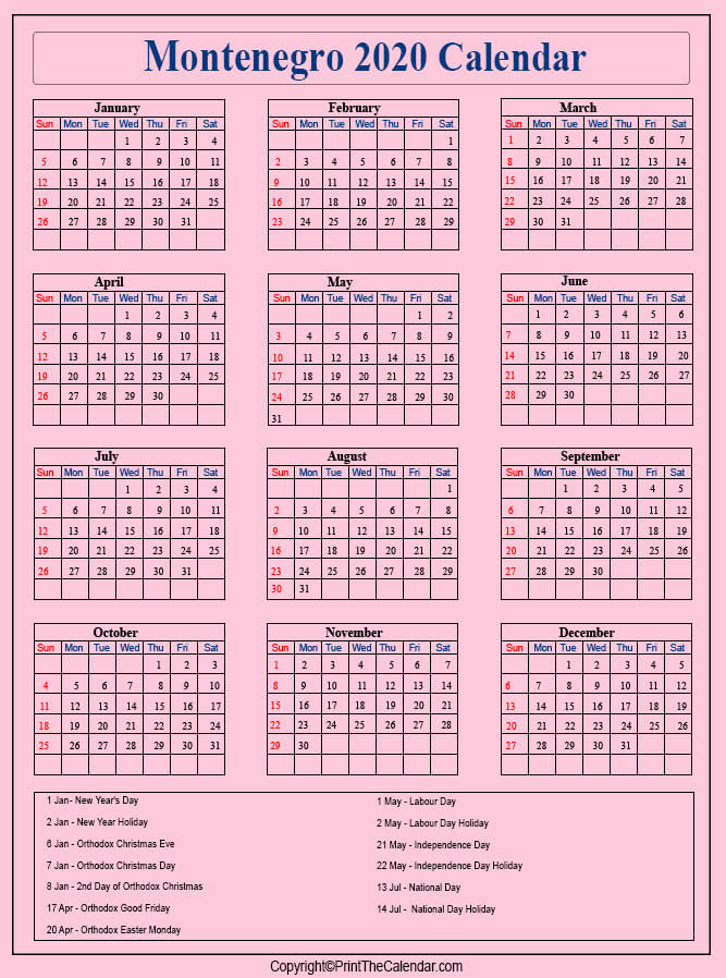 2020 Holiday Calendar Montenegro | Montenegro 2020 Holidays