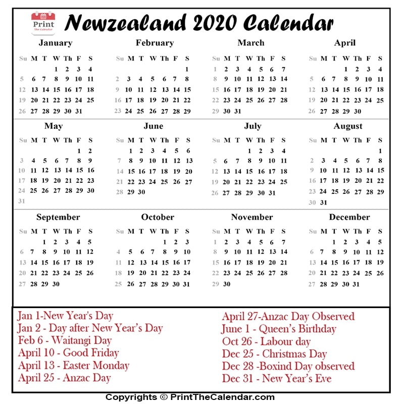 Newzealand Calendar 2020 with Newzealand Public Holidays