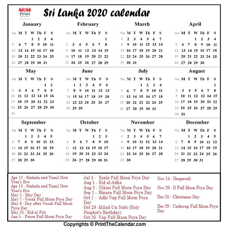 Srilanka Calendar 2020 with Srilanka Public Holidays