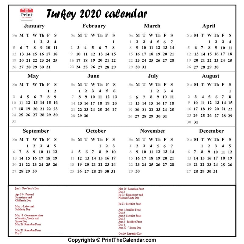 Turkey Calendar 2020 with Turkey Public Holidays