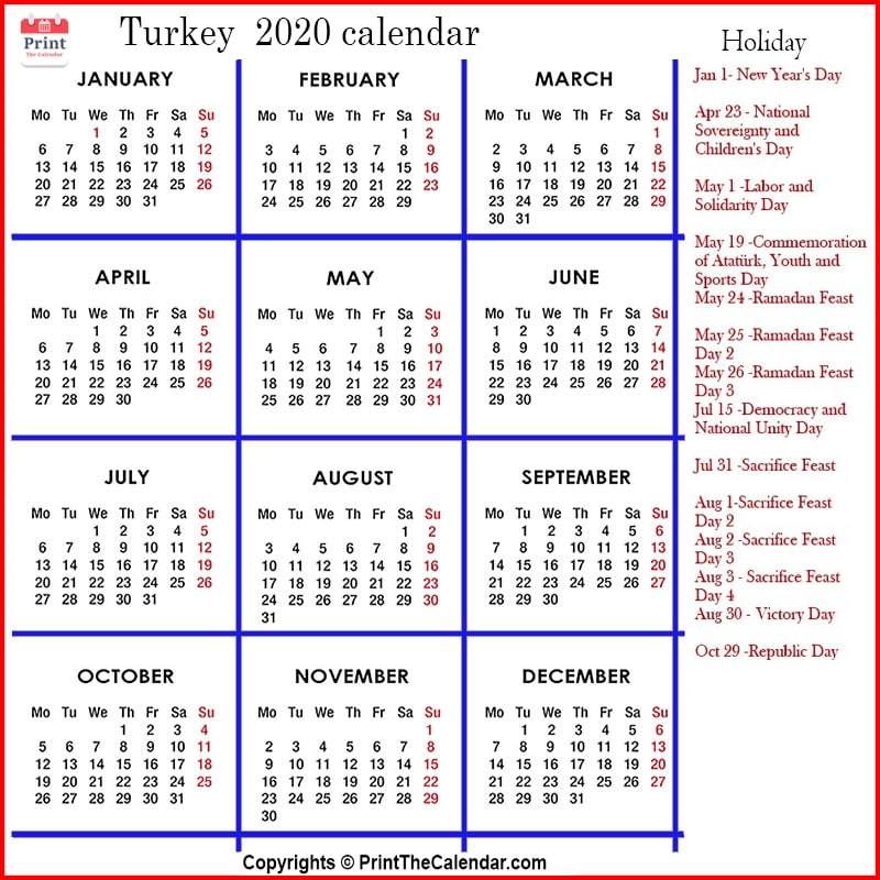 Turkey Calendar 2020 with Turkey Public Holidays