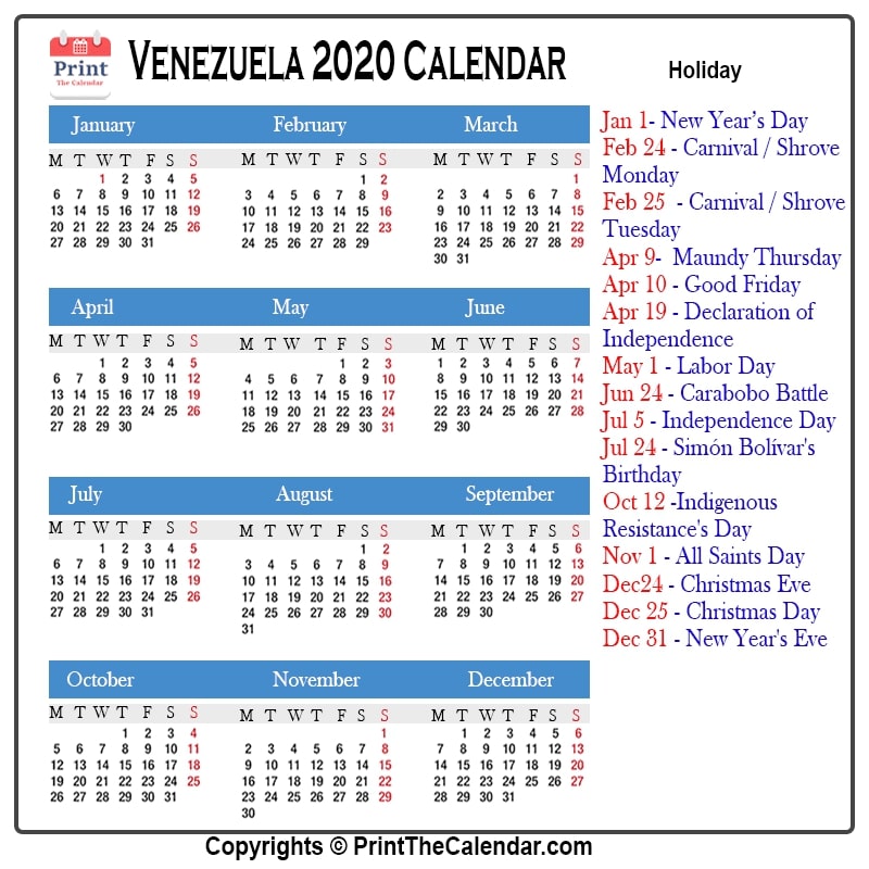 2020 Holiday Calendar Venezuela | Venezuela 2020 Holidays