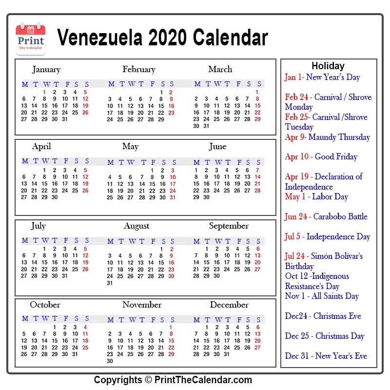 2020 Holiday Calendar Venezuela | Venezuela 2020 Holidays