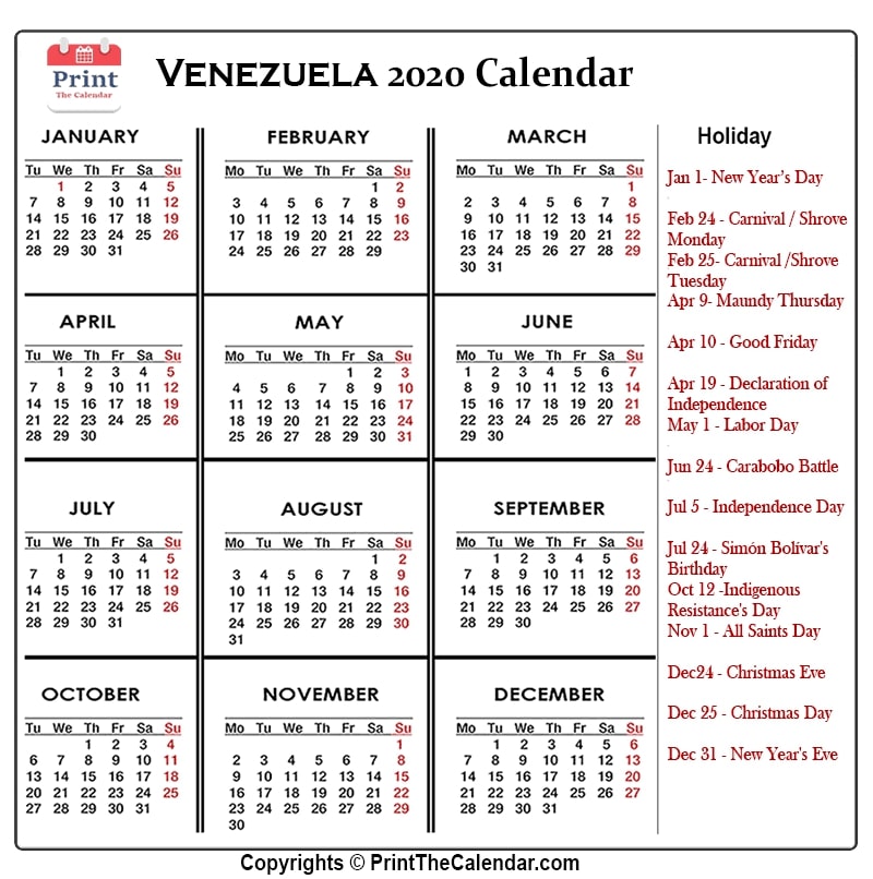 2020 Holiday Calendar Venezuela | Venezuela 2020 Holidays
