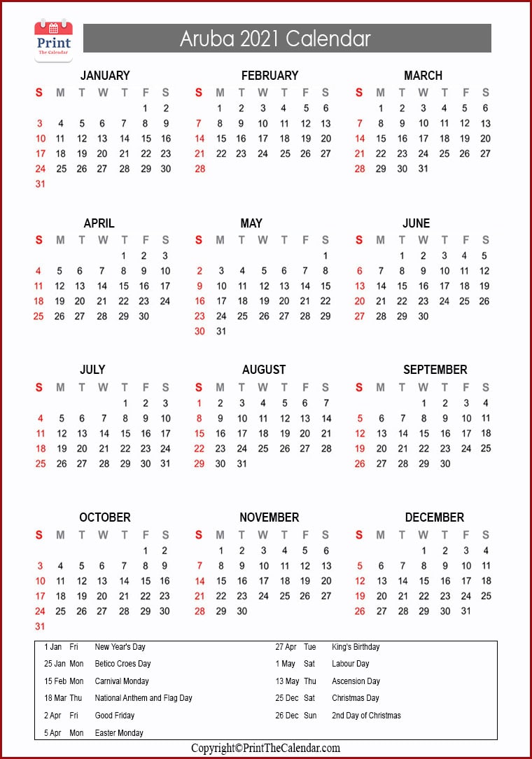 Aruba Calendar 2021 with Aruba Public Holidays