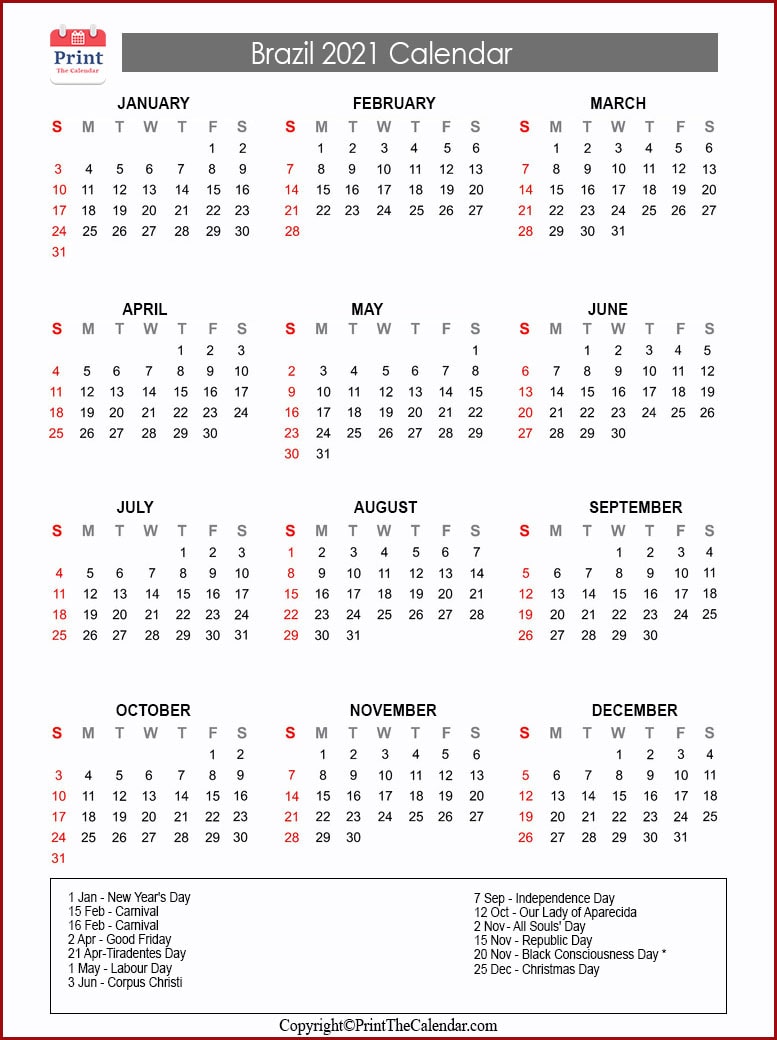 Brazil Calendar 2021 with Brazil Public Holidays