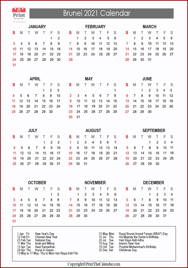 Brunei Calendar 2021 with Brunei Public Holidays