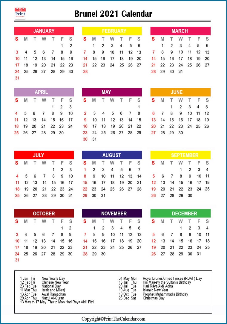 Brunei Calendar 2021 with Brunei Public Holidays