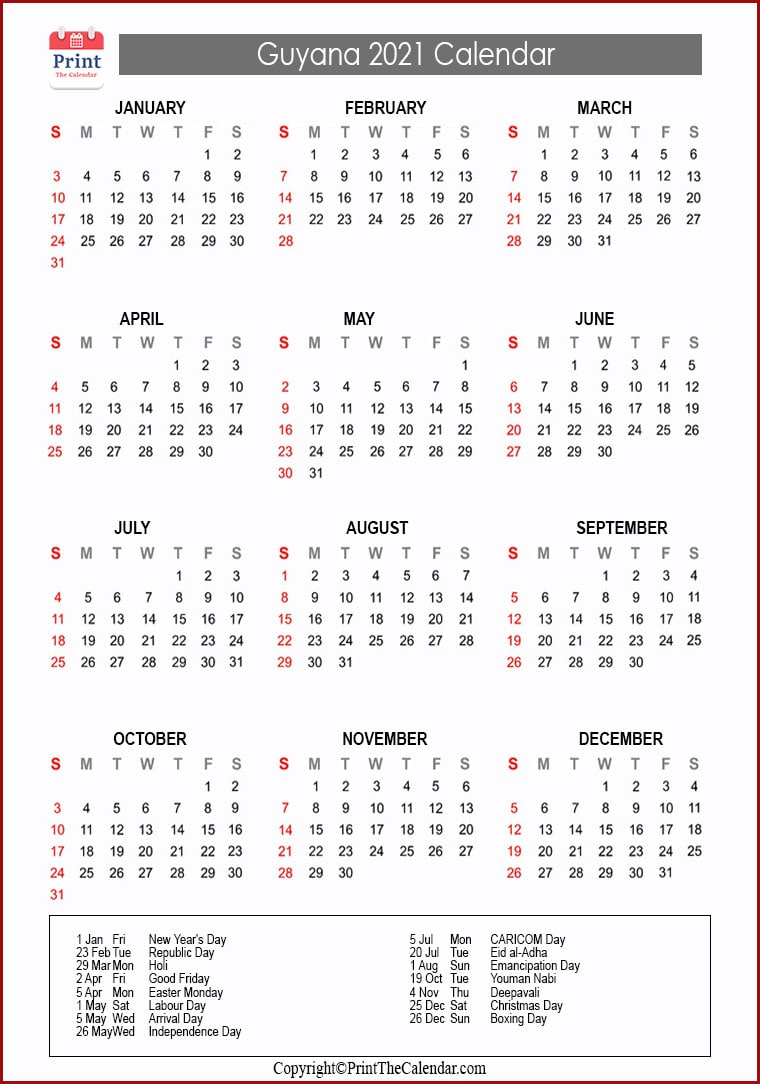 2021 Holiday Calendar Guyana | Guyana 2021 Holidays