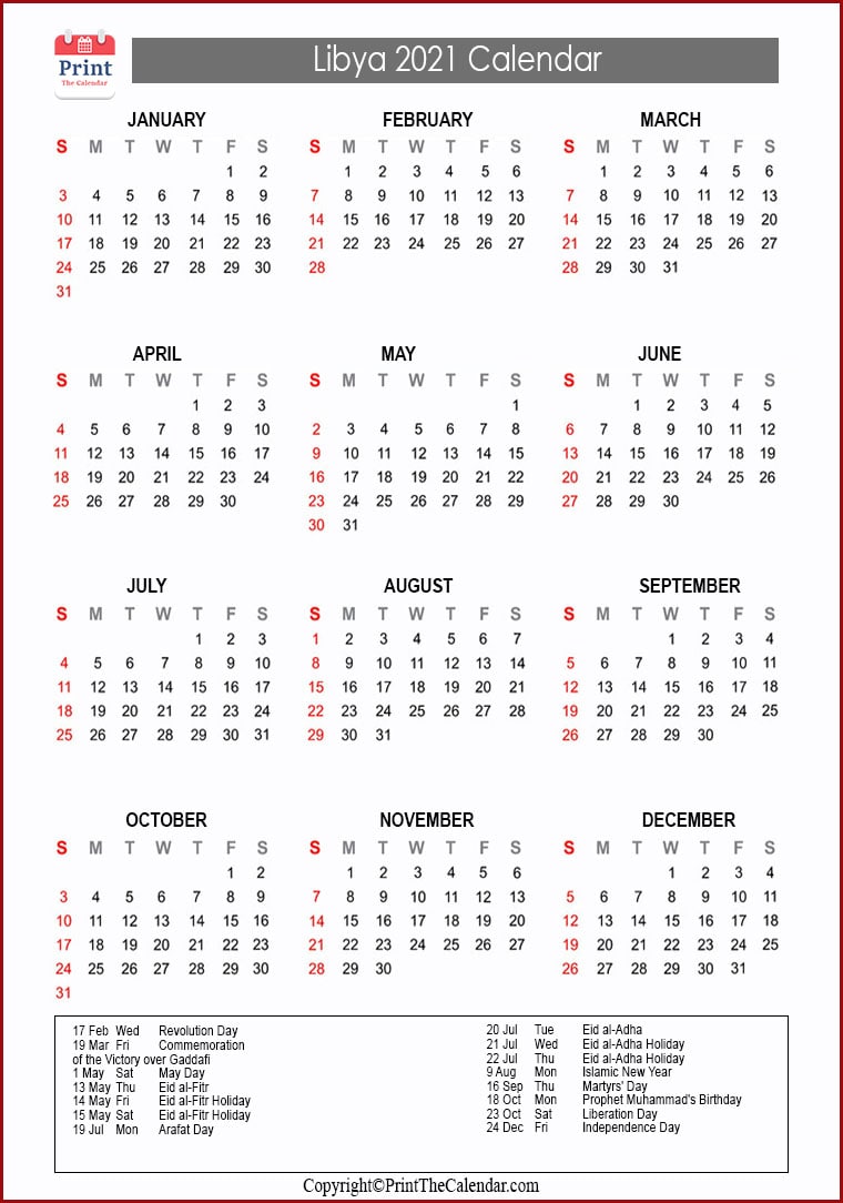 Libya Calendar 2021 with Libya Public Holidays