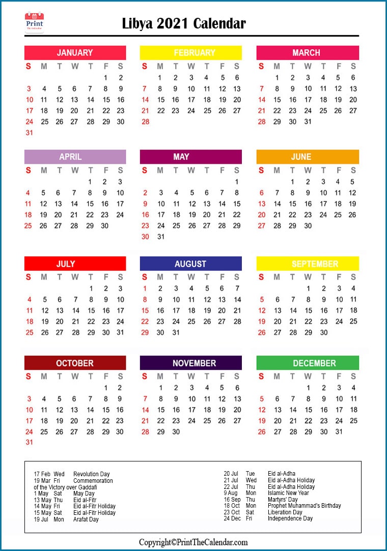 Libya Calendar 2021 with Libya Public Holidays