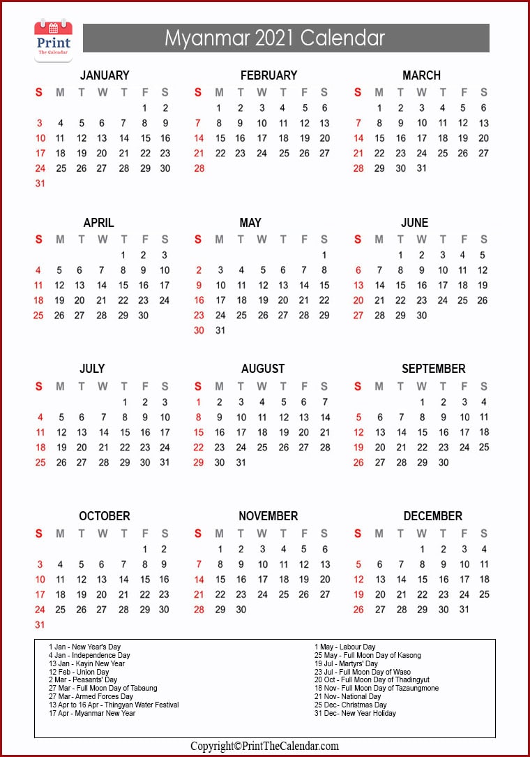Myanmar Calendar 2021 with Myanmar Public Holidays