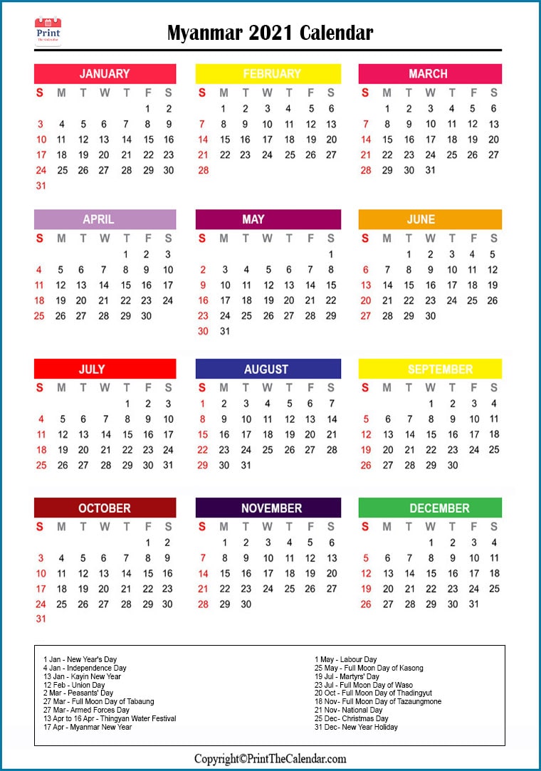 Myanmar Calendar 2021 with Myanmar Public Holidays