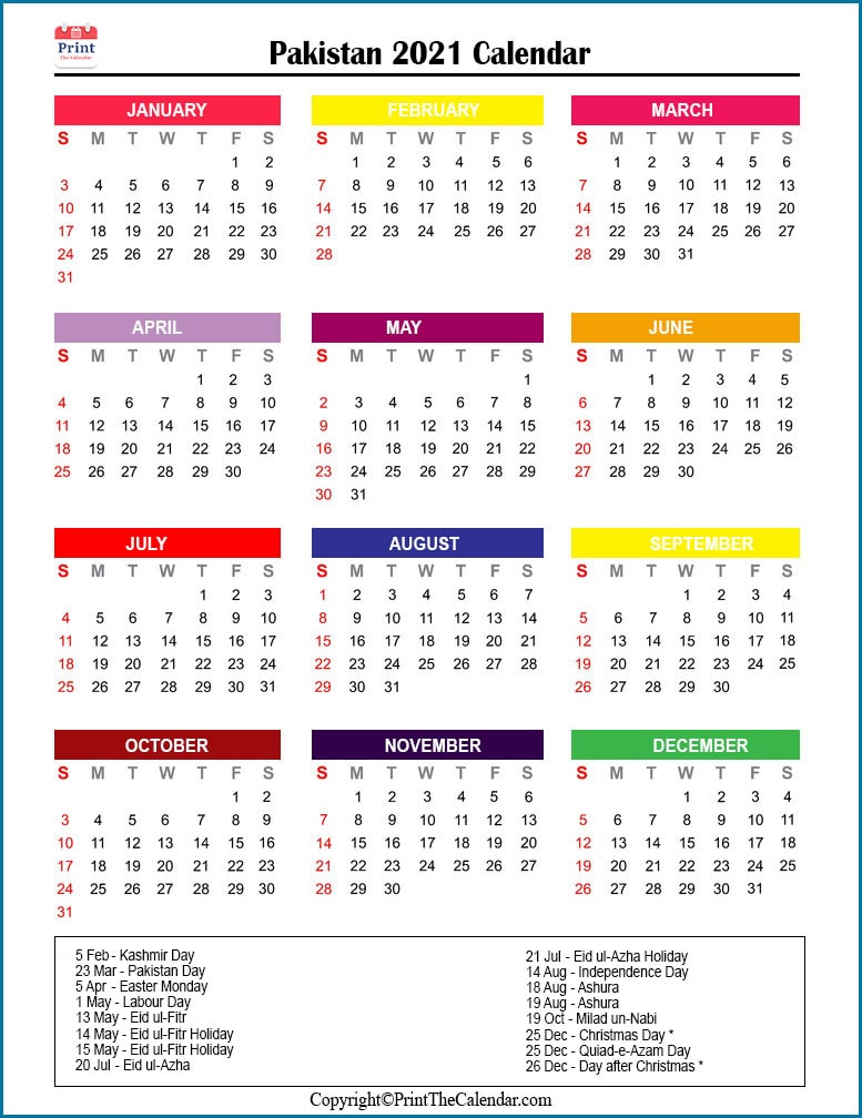 Pakistan Calendar 2021 with Pakistan Public Holidays