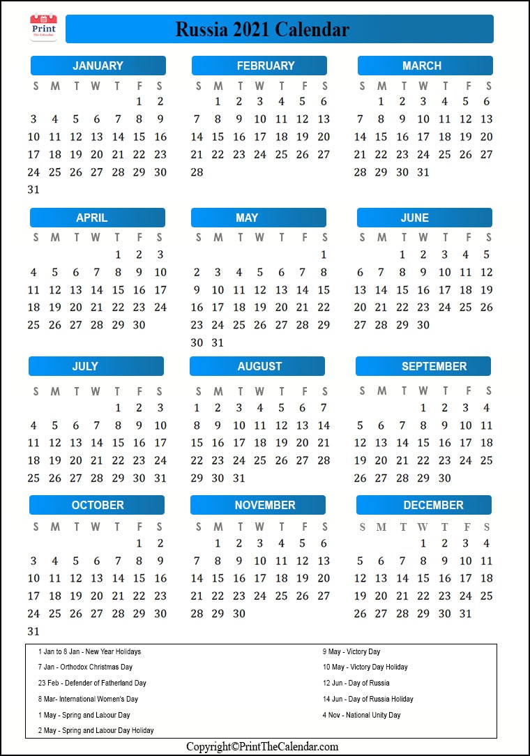 2021 Holiday Calendar Russia | Russia 2021 Holidays
