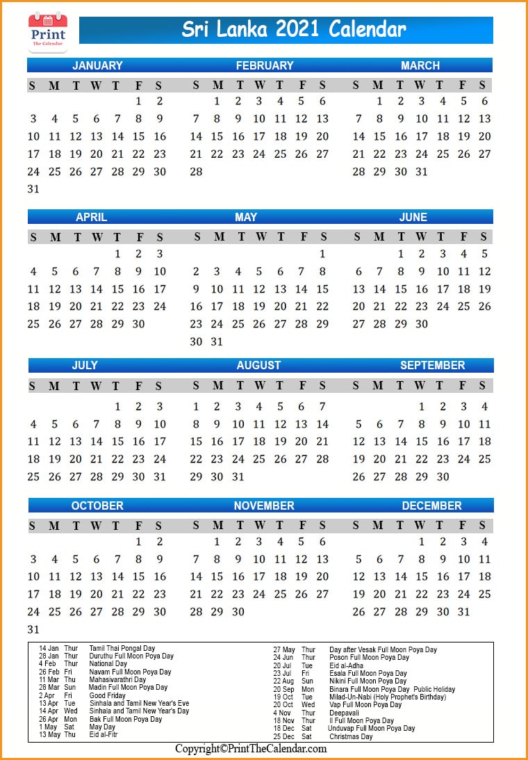 Srilanka Calendar 2021 with Srilanka Public Holidays